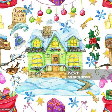 크리스마스와 새 해 원활한 패턴 오두막 집 산타 선물 가방 및 휴일 장식 화이트 12월에 대한 스톡 벡터 아트 및 기타 이미지 12월 가방 겨울 Istock