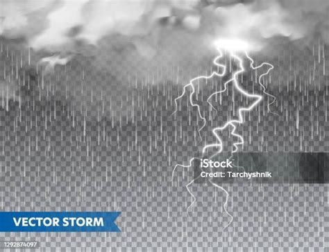투명 한 배경에 구름과 번개와 현실적인 비 뇌우 폭풍우 날씨 효과 강우량 물 방울 효과 가을 젖은 비오는 날 벡터 일러스트레이션