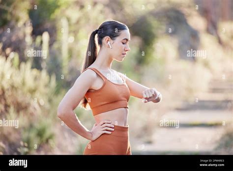 Fitness Woman And Smart Watch Time For Running Park Exercise Workout And Outdoor Training