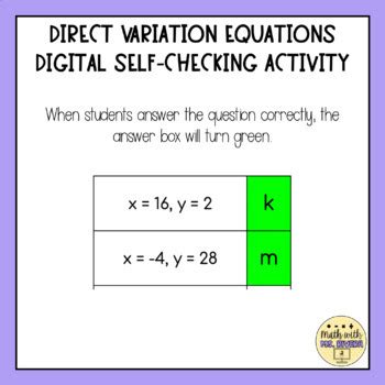 Writing Direct Variation Equations Digital Self Checking Activity