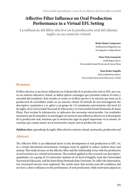 Pdf Affective Filter Influence On Oral Production Performance In A