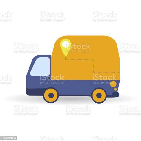 흰색 배경에 고립 된 배달 트럭 밴 온라인 서비스 개념입니다 집과 사무실에 물건과 우편물을 공급합니다 플랫 스타일의 간단한 벡터 그림입니다 웹 모바일을 위한 도시 물류 테마