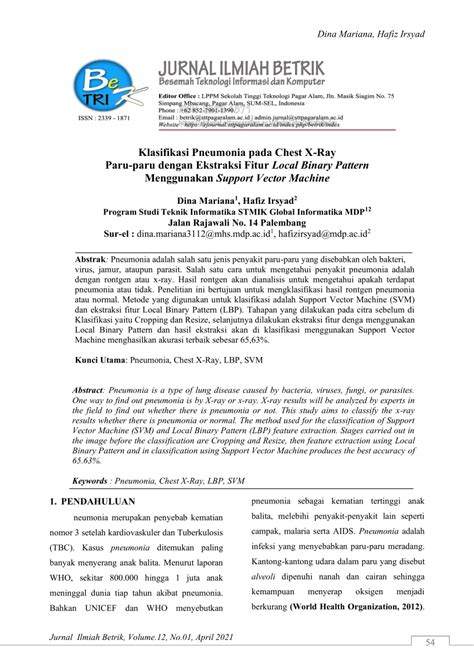 Pdf Klasifikasi Pneumonia Pada Chest X Ray Paru Paru Dengan Ekstraksi Fitur Local Binary