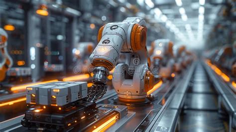 Futuristic Automated Assembly Line In Robotics Factory Generative Ai Stock Illustration