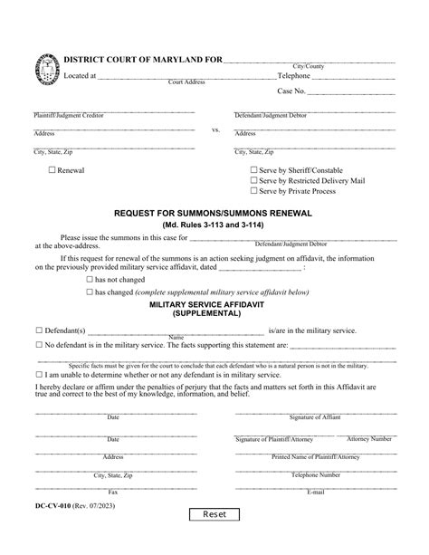 Form Dc Cv 010 Download Fillable Pdf Or Fill Online Request For Summons