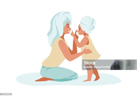 가족 장면 어머니와 딸은 집에서 함께 시간을 보냅니다 수건이 머리를 감싸는 만화 캐릭터 샤워 후 여자와 소녀 미용 시술을 수행하는 벡터 사람 가정 생활에 대한 스톡 벡터