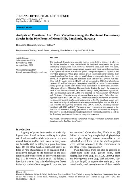 Pdf Analysis Of Functional Leaf Trait Variation Among The Dominant