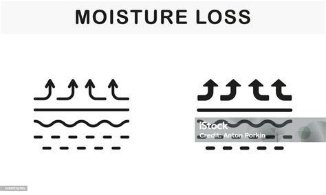 피부 수분 증발 라인과 실루엣 블랙 아이콘 세트 피부 손실 물 픽토그램 피부 구조와 화살표 위로 수분 흡수 과정 피부 냄새 기호 수집 벡터 일러스트레이션 건강관리와 의술에