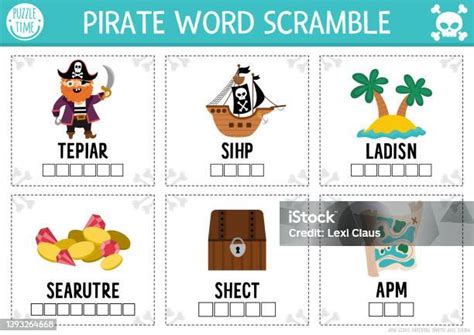 벡터 해적 단어 스크램블 활동 페이지 배 보물 섬 아이들을위한 가슴과 영어 게임 지도 앵무새와 바다 모험 가족 퀴즈 교육용 인쇄 가능한 워크시트 퍼즐에 대한 스톡 벡터 아트