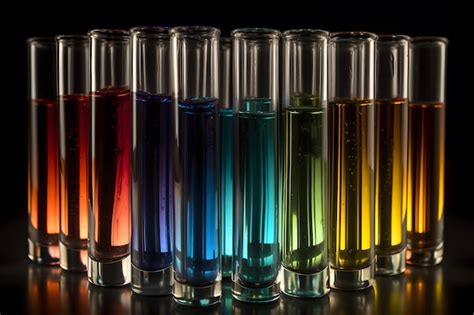다채로운 액체로 채워진 실험실 유리 제품 테스트 튜브의 상세 이미지 Generative Ai 프리미엄 사진