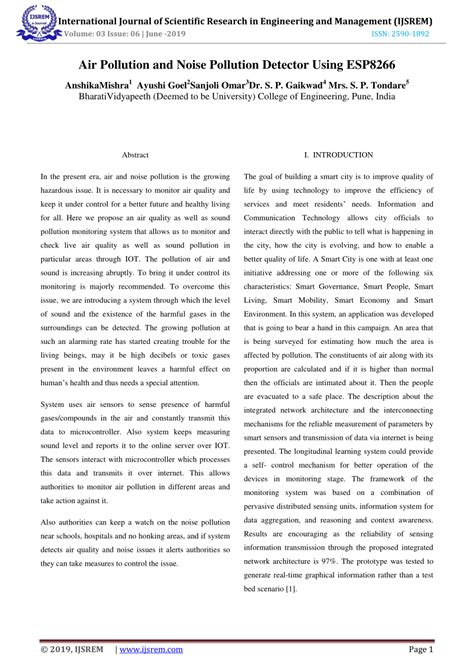 Pdf Air Pollution And Noise Pollution Detector Using Esp8266