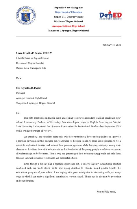Sample Application Letter For Teacher Iii Position At Joanne Tindall Blog