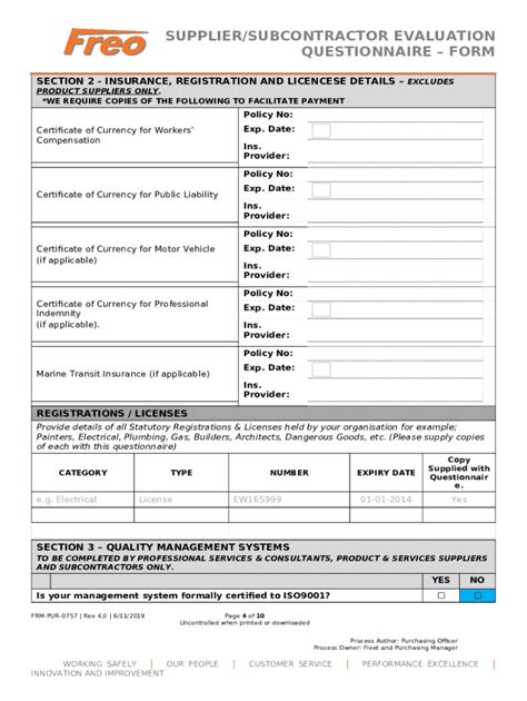 Suppliersubcontractor Evaluation Questionnaire Freo Group Doc
