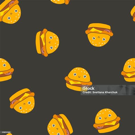 치즈 버거 원활한 패턴이 귀여운 미소입니다 손으로 그린 보육 만화 낙서 Kawaii 패스트 푸드 캐릭터 단순하고 순진한 스타일의 유치한 벡터 그림입니다 인쇄에 적합합니다 0