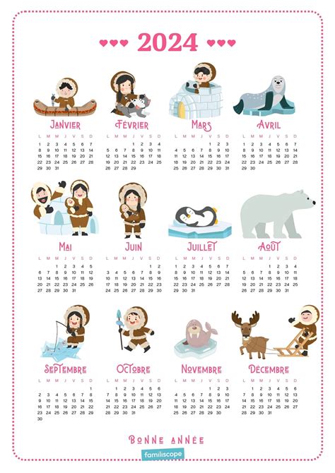 Calendrier 2024 Enfant à Imprimer Thème Banquise Et Esquimaux