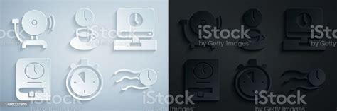 스톱워치 모니터 시간 예약 시간 시계 비행 커피 및 알람 벨 아이콘을 설정합니다 벡터 3차원 형태에 대한 스톡 벡터 아트 및 기타 이미지 Istock
