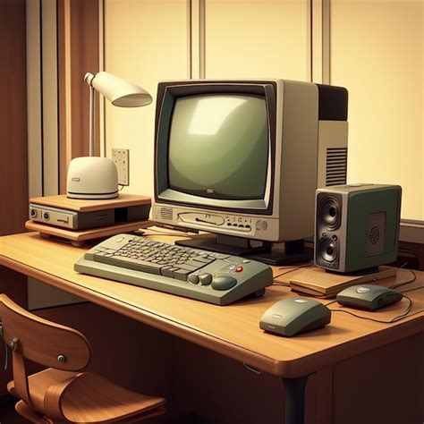 Premium Ai Image Retro Computer On Desk Arrangement