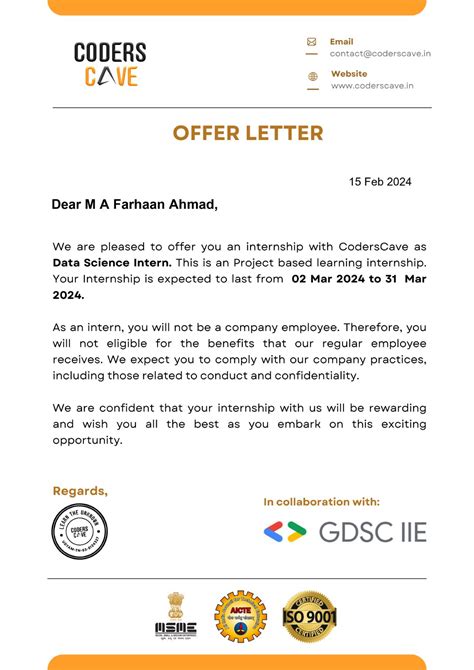 Farhaan Ahmad On Linkedin Internship Datascience Coderscave Offerletter