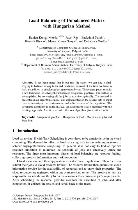 Pdf Load Balancing Of Unbalanced Matrix With Hungarian Method