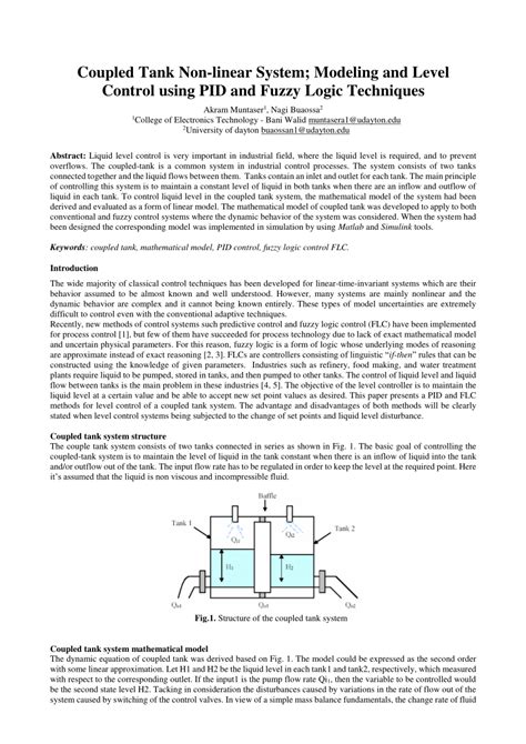Pdf Coupled Tank Non Linear System Modeling And Level Control Using Pid And Fuzzy Logic