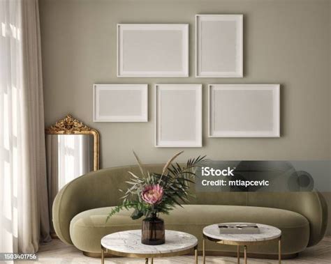 거실 벽에 모형 포스터 프레임 현대적인 디자인의 고급스러운 아파트 배경 현대적인 인테리어 디자인 3d 렌더링 3d 일러스트레이션 0명에 대한 스톡 사진 및 기타 이미지