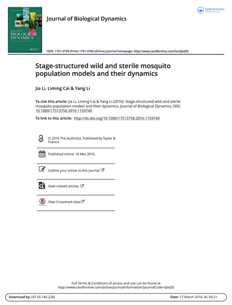 Pdf Stage Structured Wild And Sterile Mosquito Population Models And Their Dynamics