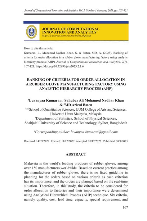 Pdf Ranking Of Criteria For Order Allocation In A Rubber Glove Manufacturing Factory Using