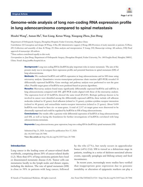 PDF Genome Wide Analysis Of Long Non Coding RNA Expression Profile In Lung Adenocarcinoma