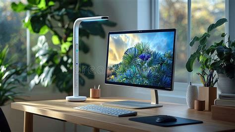 Modern Desk Setup With Ergonomic Lamp And Computer Stock Illustration Illustration Of