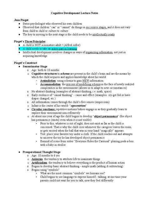Cognitive Development Jean Piagets Construct Lecture Notes Revised Download Free Pdf