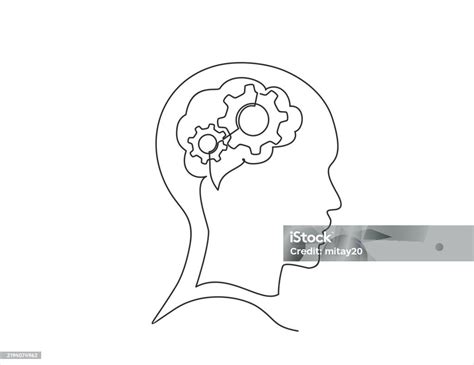 내부에 기어가 있는 인간의 머리 연속 한 선 그리기 창조적 인 두뇌 과정과 기술 진보의 개념 얇은 선형 스타일로 인체의 톱니