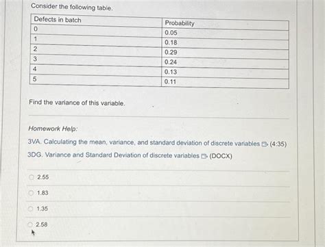 Solved Consider The Following Table Find The Variance Of