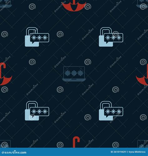Set Umbrella Laptop With Password And Cyber Security On Seamless Pattern Vector Stock
