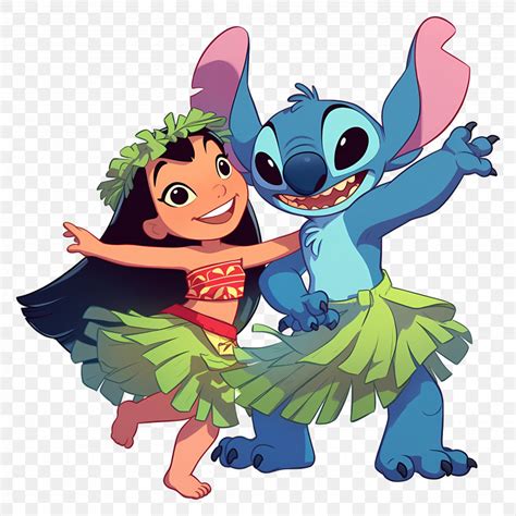 Lilo And Stitch Cartoon Characters Dancing In Hula Skirts Png