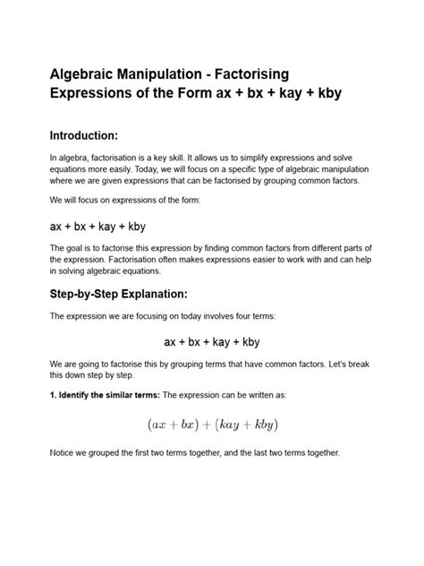 Algebraic Manipulation Factorising Expressions Of The Form Ax Bx Kay Kby Pdf