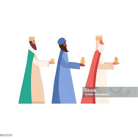 예수 그리스도에 대 한 선물로 걷는 세 명의 현자 흰색 배경에 고립 된 만화 평면 벡터 그림 동방 박사에 대한 스톡 벡터 아트