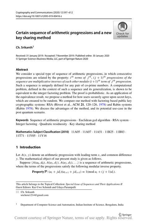 Certain Sequence Of Arithmetic Progressions And A New Key Sharing Method