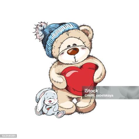 형형색색의 수채화 손으로 빨간 하트를 가진 재미있는 테디베어 소년 벡터 스케치 곰 인형 격리된 그림 공휴일에 대한 스톡 벡터 아트 및 기타 이미지 Istock