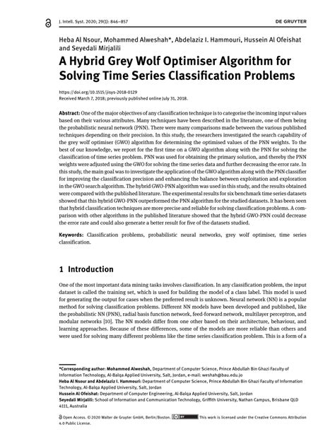Pdf A Hybrid Grey Wolf Optimiser Algorithm For Solving Time Series Classification Problems
