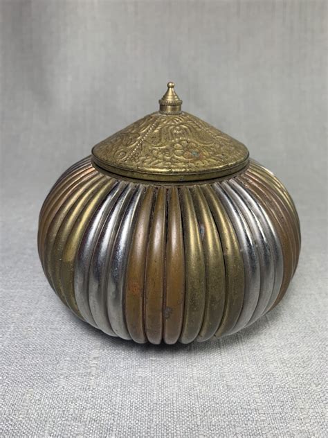 Vintage Round Brass Container Tri Colored Multi Colored Jewelry