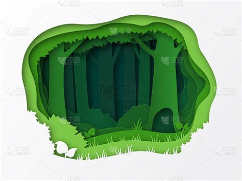 空旷的森林边缘，公园。带有绿色图层和树木的3d设计。草、灌木丛林。剪纸