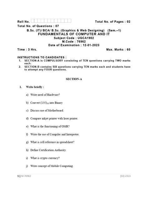 Bsc Bca 1 Sem Fundamentals Of Computer And It 76962 Jan 2023 Pdf