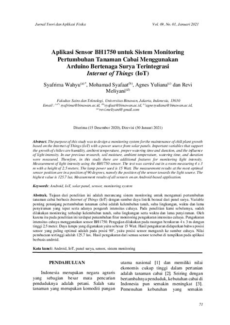 Pdf Aplikasi Sensor Bh1750 Untuk Sistem Monitoring Pertumbuhan Tanaman Cabai Menggunakan