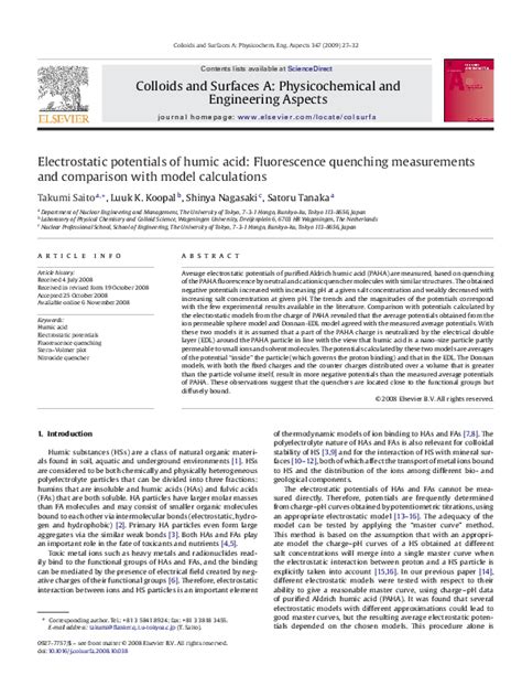 Pdf Electrostatic Potentials Of Humic Acid Fluorescence Quenching Measurements And Comparison