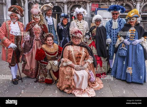Venice Italy 23 February 2025 Carnival Goers Dressed In Splendid