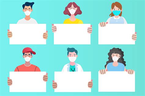 빈 플래카드를 들고 있는 젊은이들의 컬렉션 빈 배너를 보여주는 즐거운 만화 캐릭터의 번들 남성과 여성 시위대 또는 활동가 플랫 스타일의 벡터 그림 Brand Name