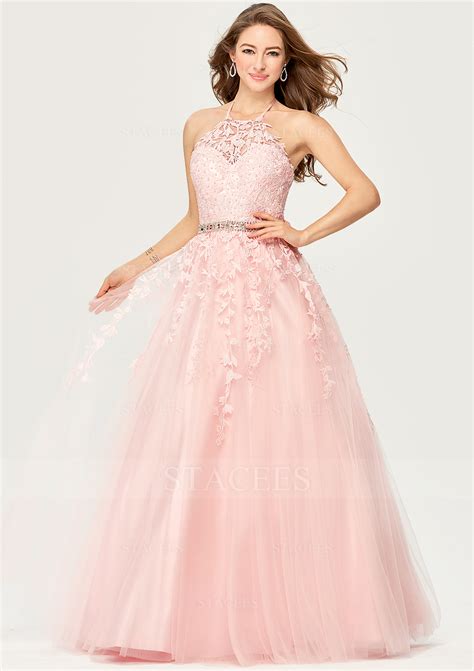 Princess Ball Gown Halter Sleeveless Tulle Satin Longfloor Length Prom