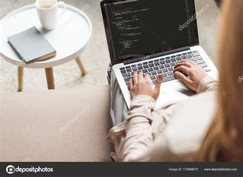 Cropped Shot Young Female Developer Coding Laptop Home — Stock