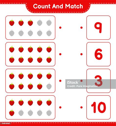 계산 및 일치 딸기의 수를 계산하고 오른쪽 숫자와 일치합니다 교육 어린이 게임 인쇄 워크 시트 벡터 일러스트레이션 0명에 대한