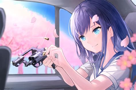 Safebooru 1girl Blue Eyes Blue Sailor Collar Bullet Car Interior